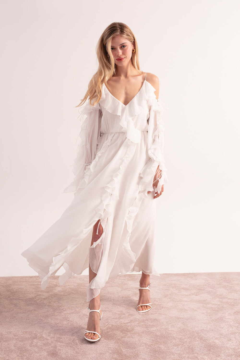 Chiffon dress with ruffles & open shoulders | Morning Forest